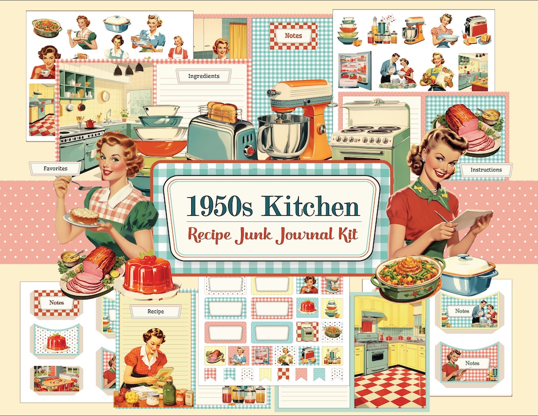 Retro Kitchen Recipe Junk Journal Kit, Fussy Cut, Vintage Scrapbook Kit ...