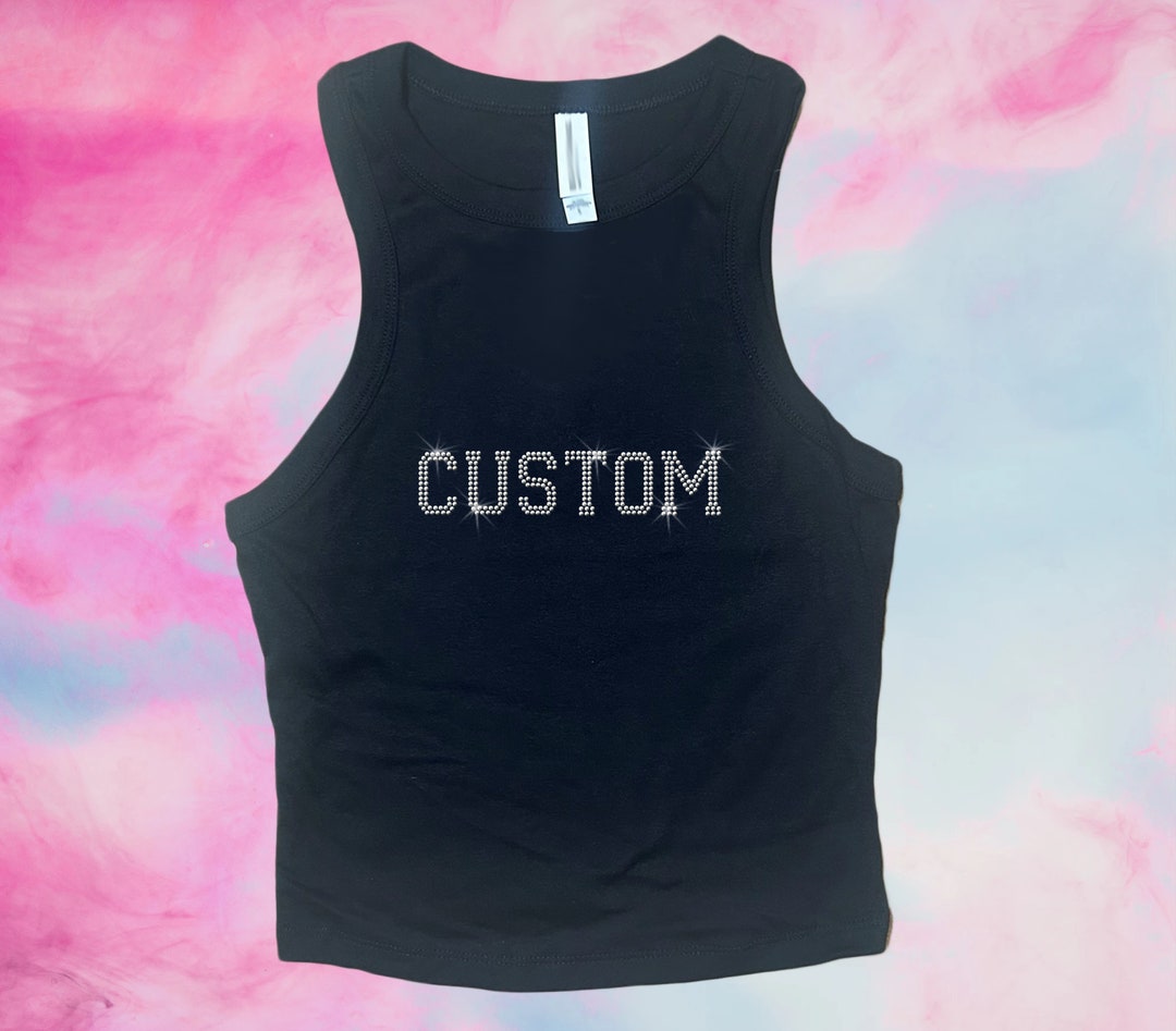 Custom BLING Rhinestone Black Vest High Neck Tank Cropped CROP TOP Tank ...