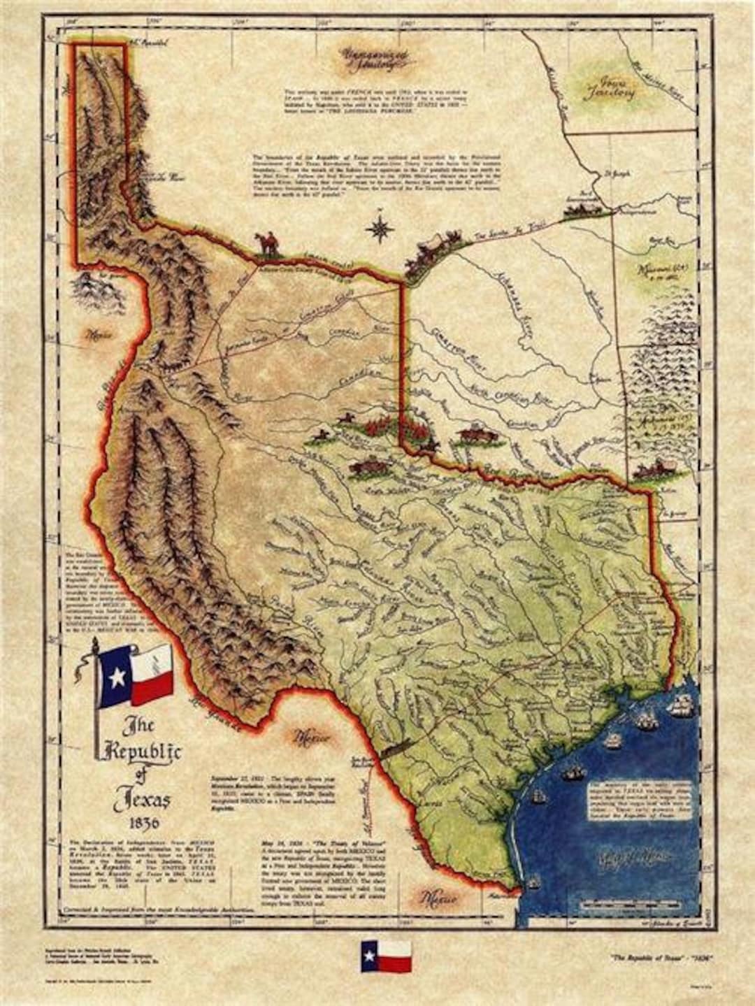 Republic of Texas Historical 1836 Map W Flag, Old, Indians- LARGE Size ...