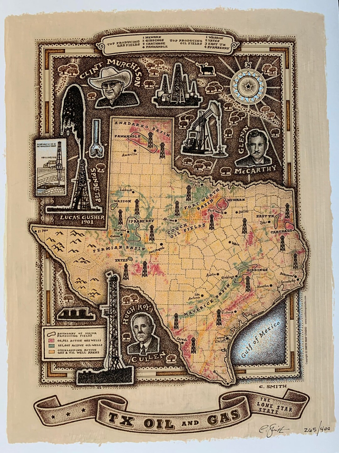 Texas Oil & Gas Map, Giclee Fine Art Paper, Permian Basin, Spindletop ...
