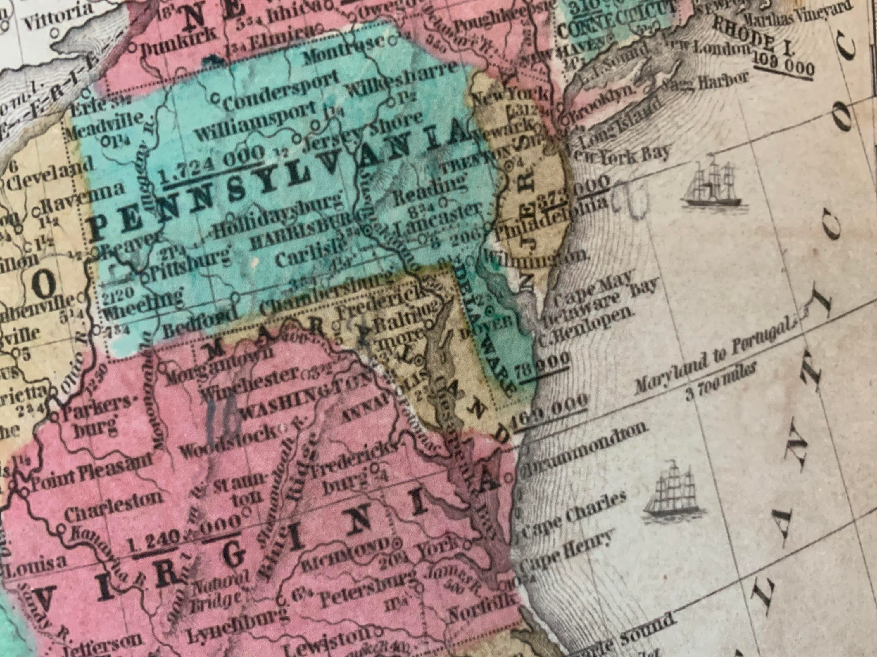 Old Antique 1839 Map of the United States, Republic of Texas & Indian ...