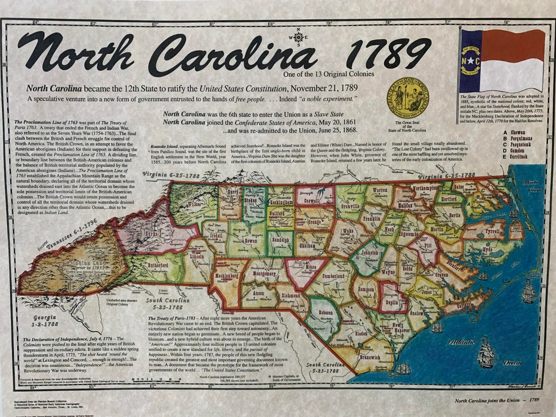 North Carolina Old Map, Historical Notes, Modern Print With State Flag ...