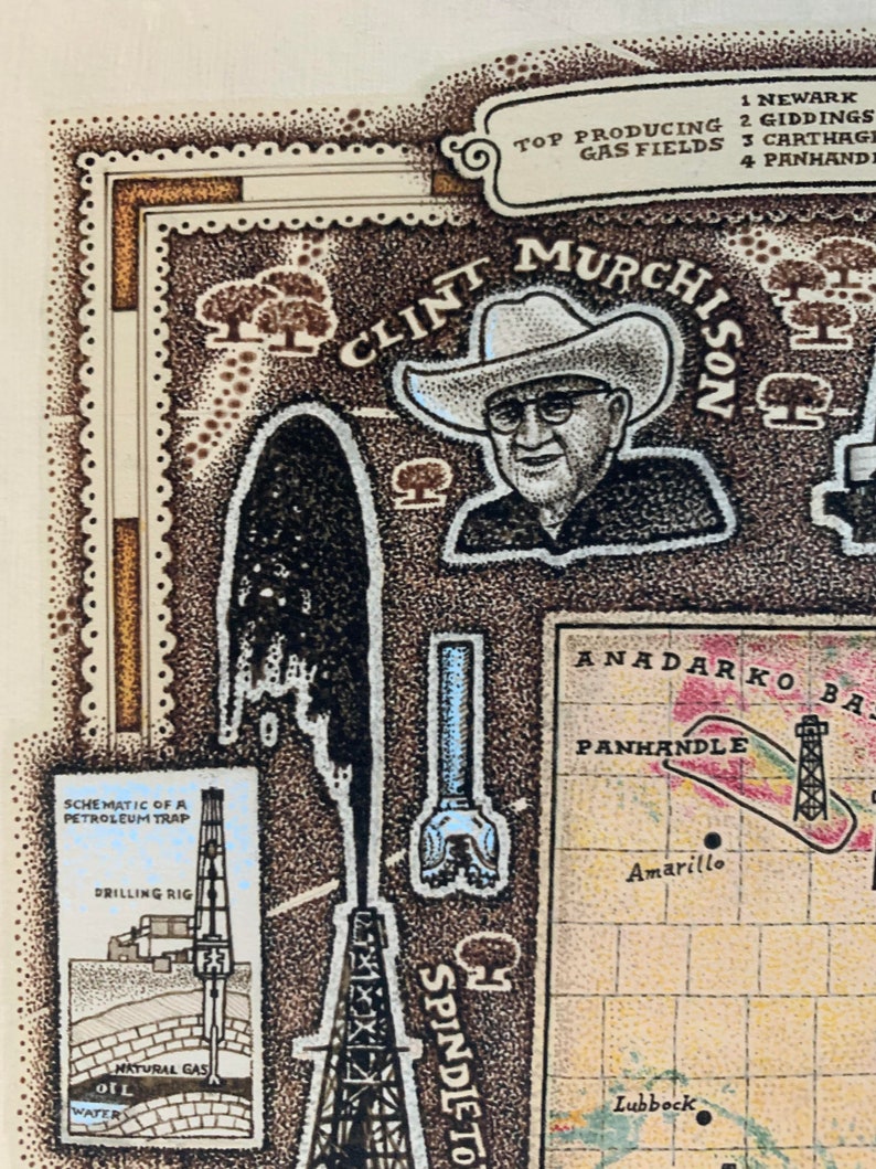 Texas Oil & Gas Map, Giclee Fine Art Paper, Permian Basin, Spindletop ...