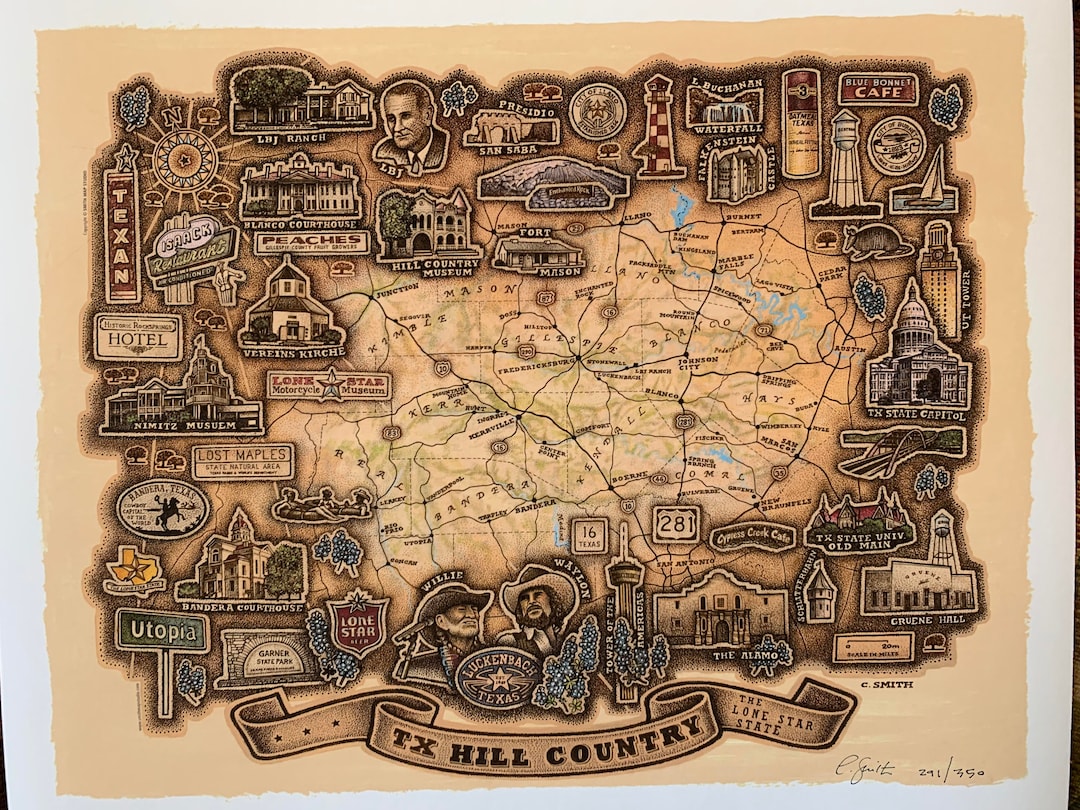 Texas Hill Country Map, Giclee Fine Art Paper, Bluebonnets, Luckenbach ...
