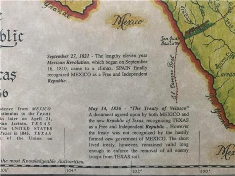 Republic of Texas Historical 1836 Map W Flag, Old, Indians LARGE Size ...