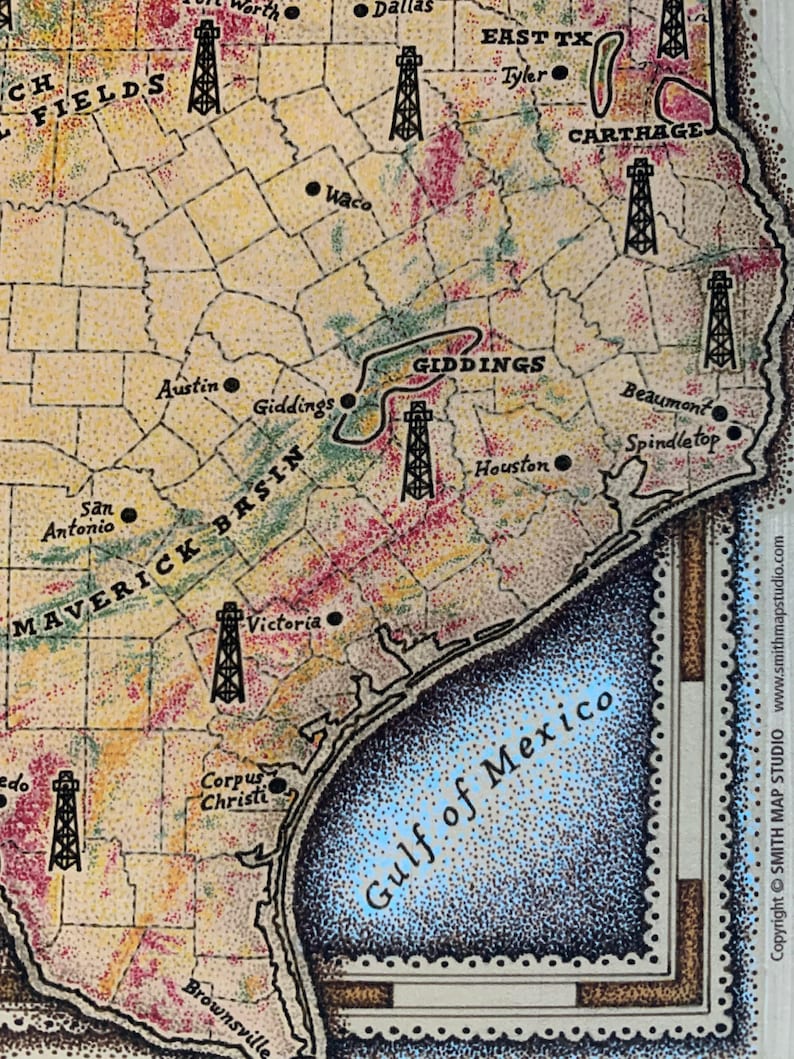 Texas Oil & Gas Map, Giclee Fine Art Paper, Permian Basin, Spindletop ...