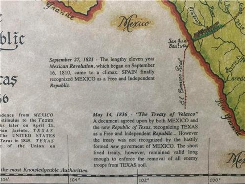 Republic of Texas Historical 1836 Map W Flag, Old, Indians- LARGE Size ...