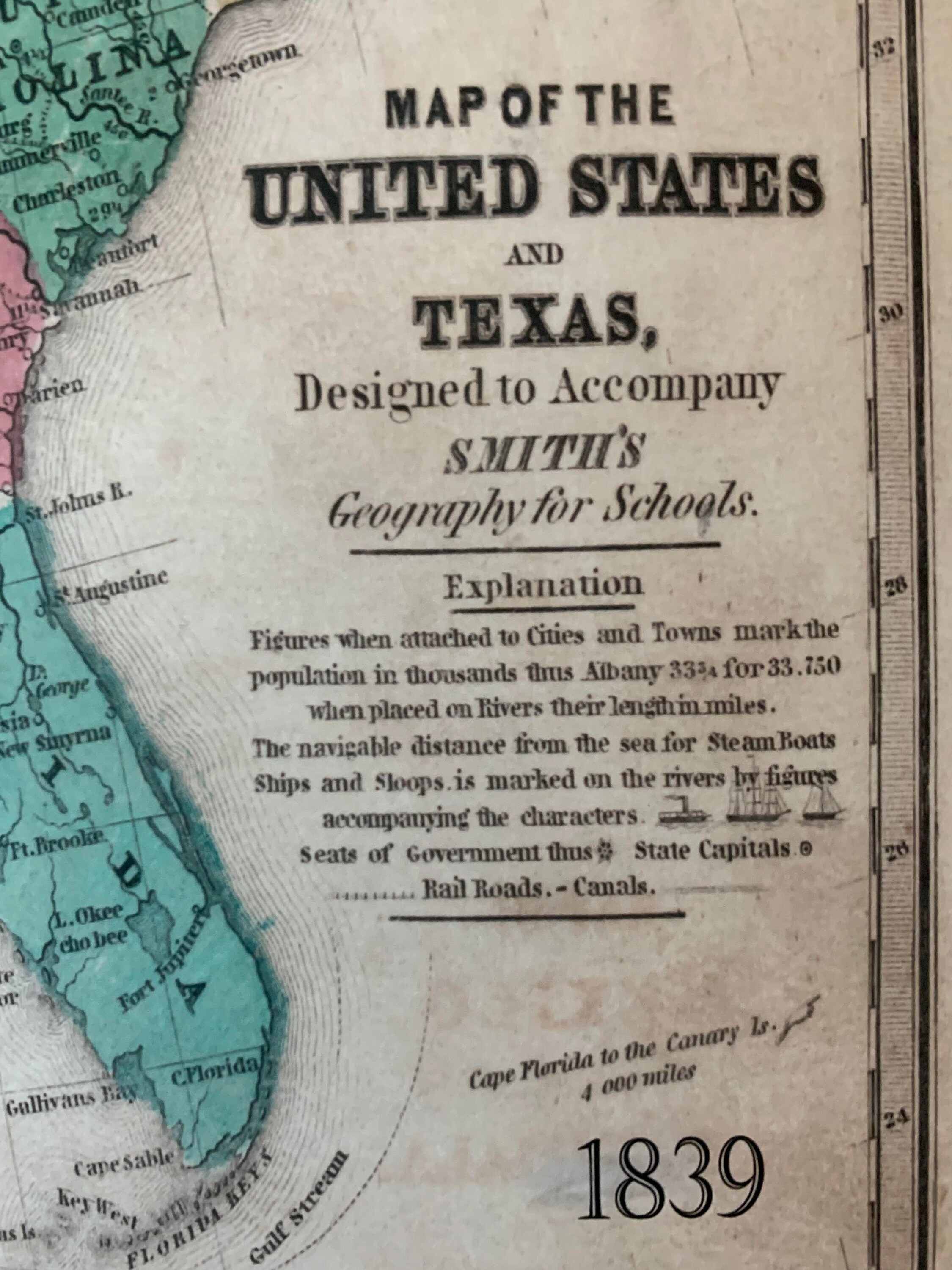 Old Antique 1839 Map of the United States, Republic of Texas & Indian ...