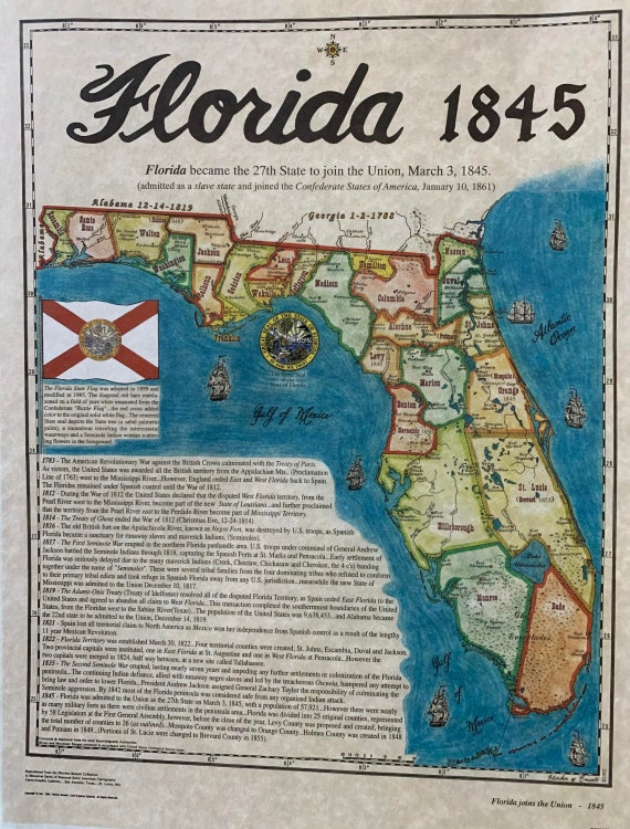 Old Florida 1845 Map Historical Notes Modern Print Miami - Etsy