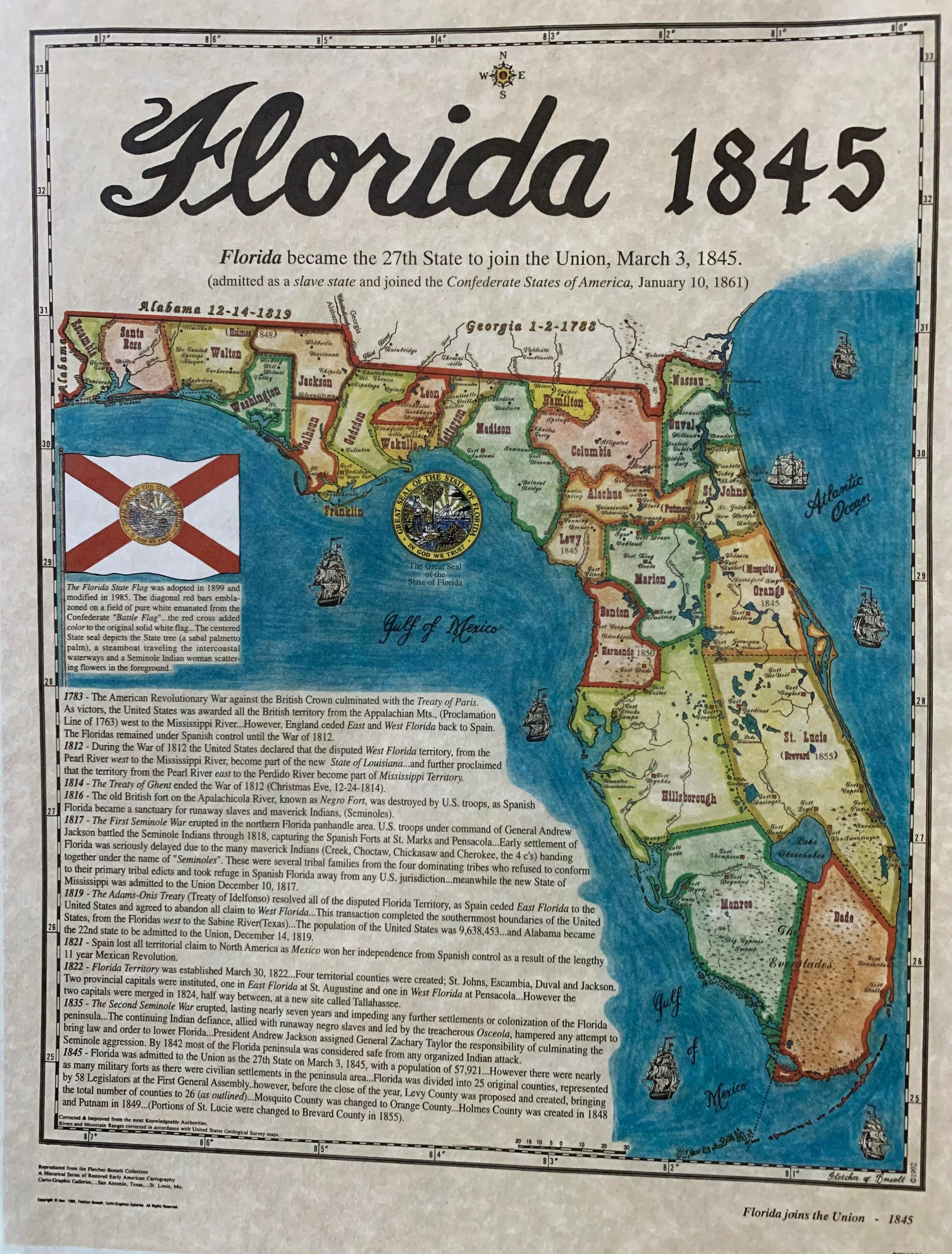 Old Florida 1845 Map, Historical Notes, Modern Print - Etsy