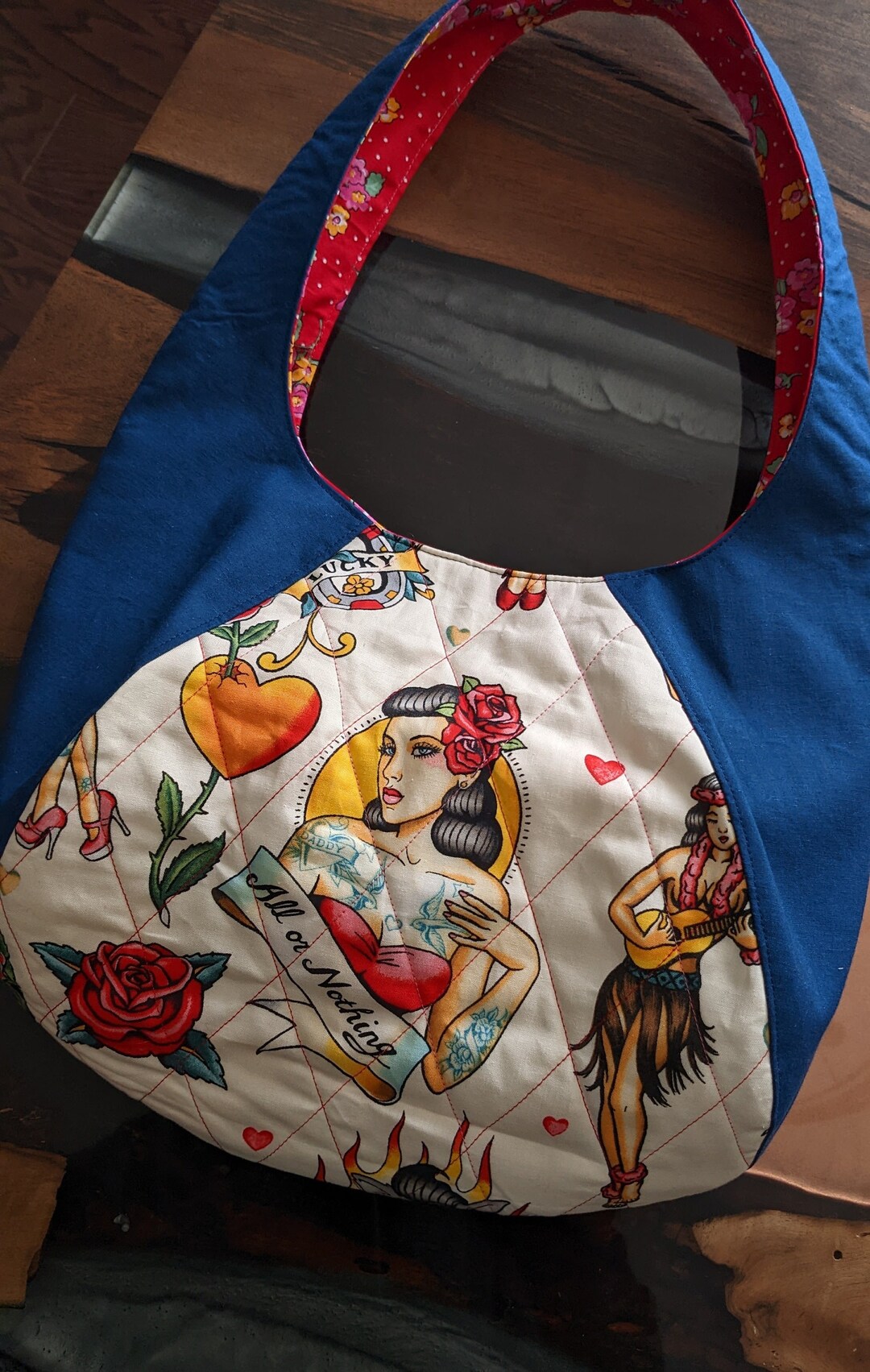 Pin-up Girl Tattoo Hobo Bag, Quilted Blue and Floral Hobo Bag, Retro ...