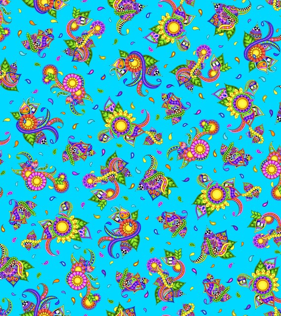 Alpha Doodle Floral Paisley Turquoise Fabric by Debi Payne for | Etsy