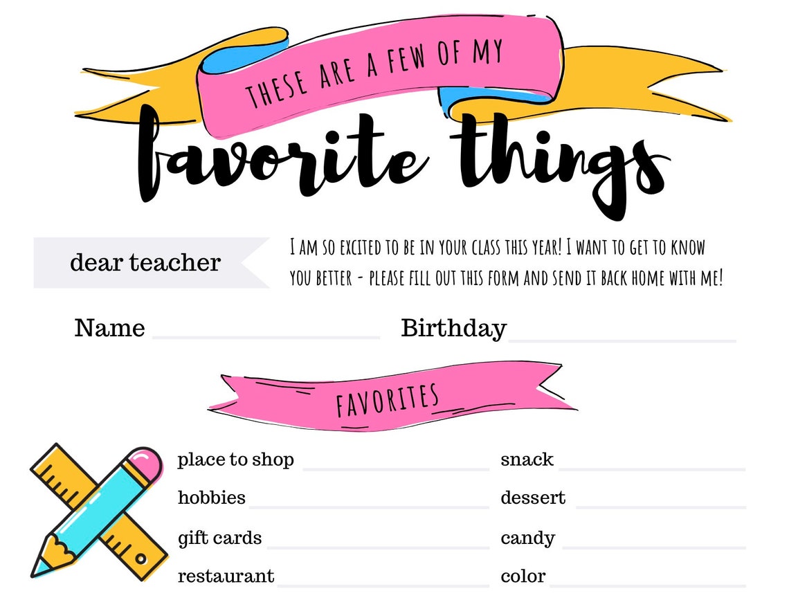 Teacher Favorite Things List Printable for School Kids | Etsy