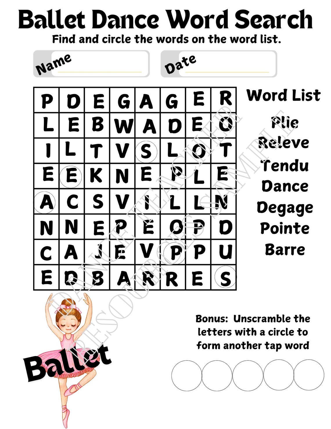 Ballet Dance Word Search - Etsy