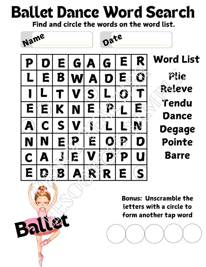 Ballet Dance Word Search - Etsy