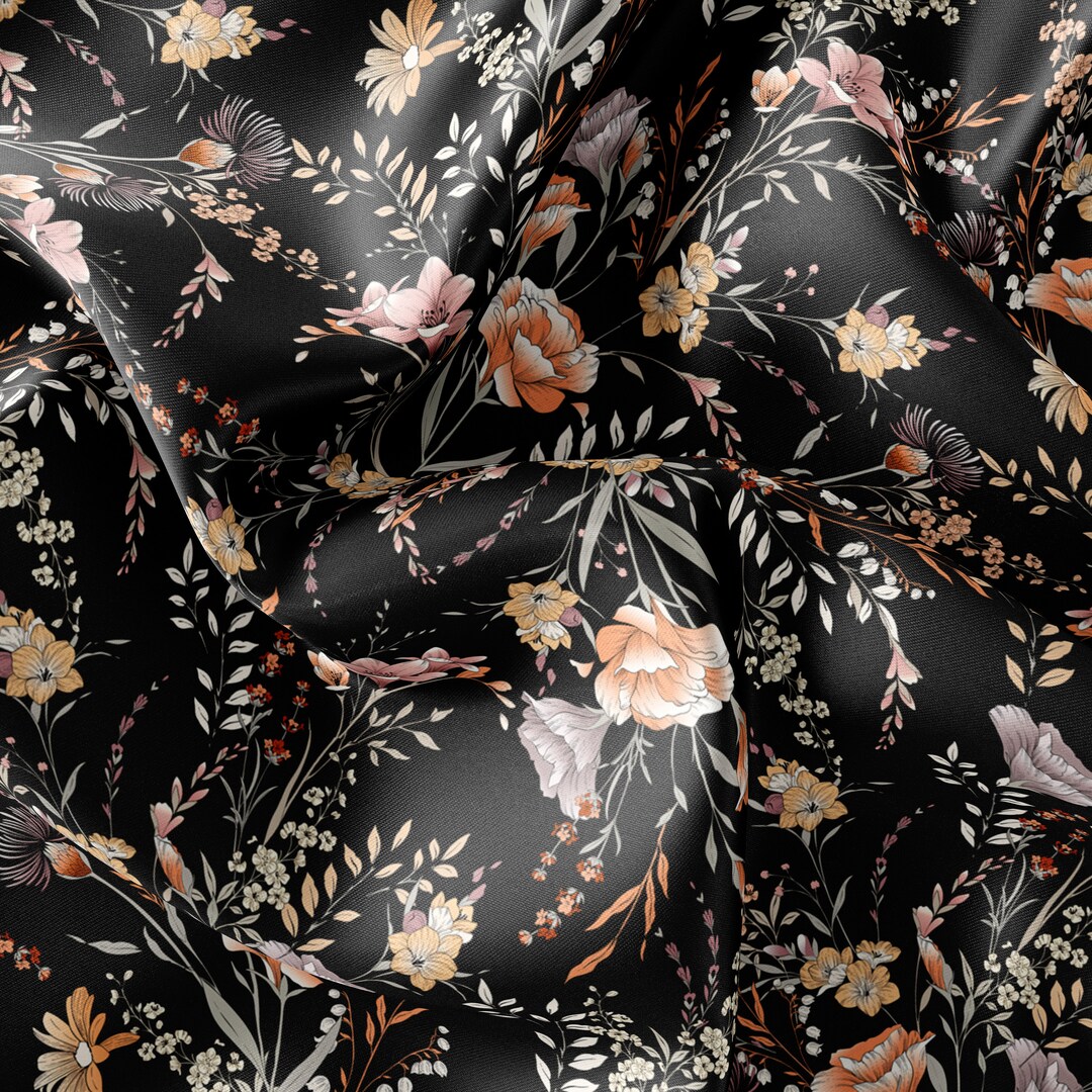 Black Floral Pattern Printed Fabric // Satin, Chiffon, Crepe Fabric ...