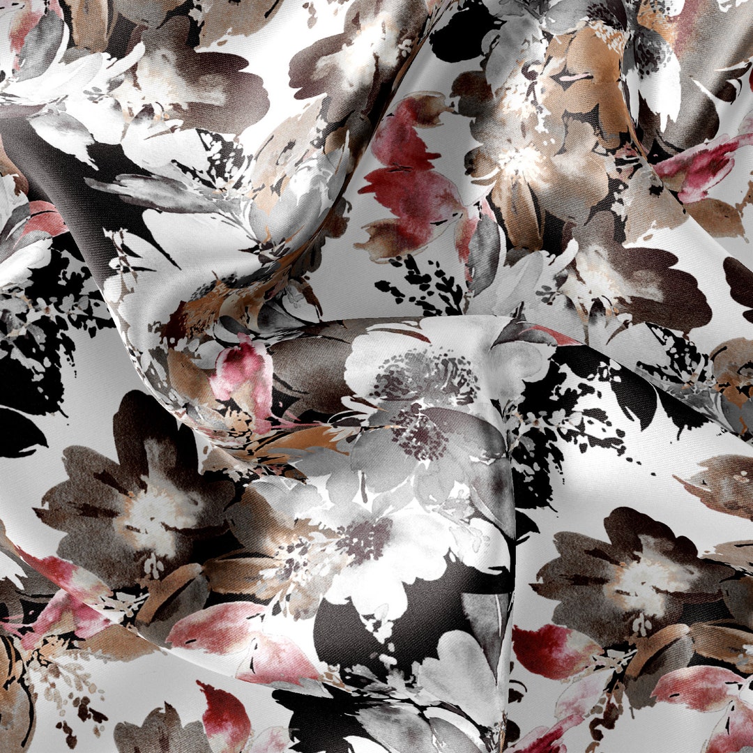 Black Rose Abstract Pattern Printed Fabric // Satin, Chiffon, Crepe ...