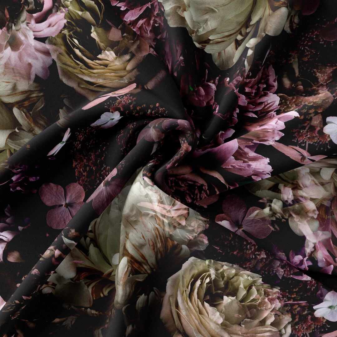 Gothic Floral Pattern Printed Fabric // Satin, Chiffon, Crepe Fabric ...
