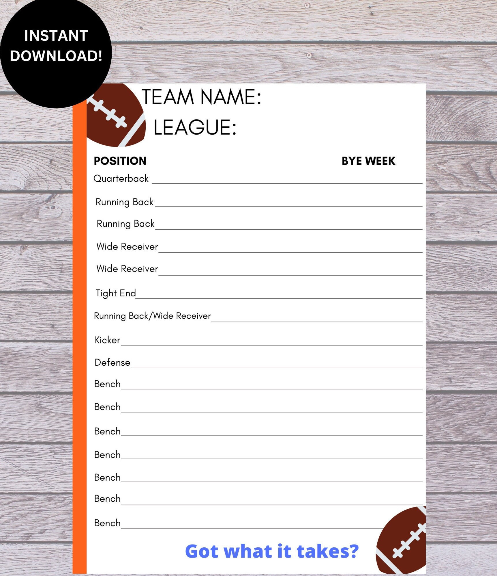 Printable Fantasy Football Draft Sheet, Sports Download, Draft Sheet ...