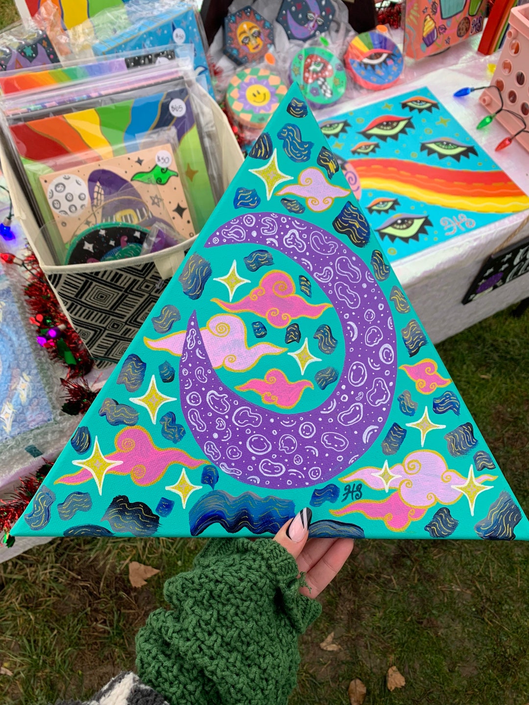 Crescent Moon Original Painting on Triangle Canvas | Moon Art | Moon ...