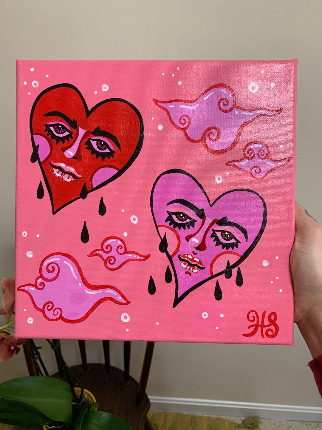 Crying Hearts Original Acrylic Painting Pink and Red Art Vday Art Heart ...