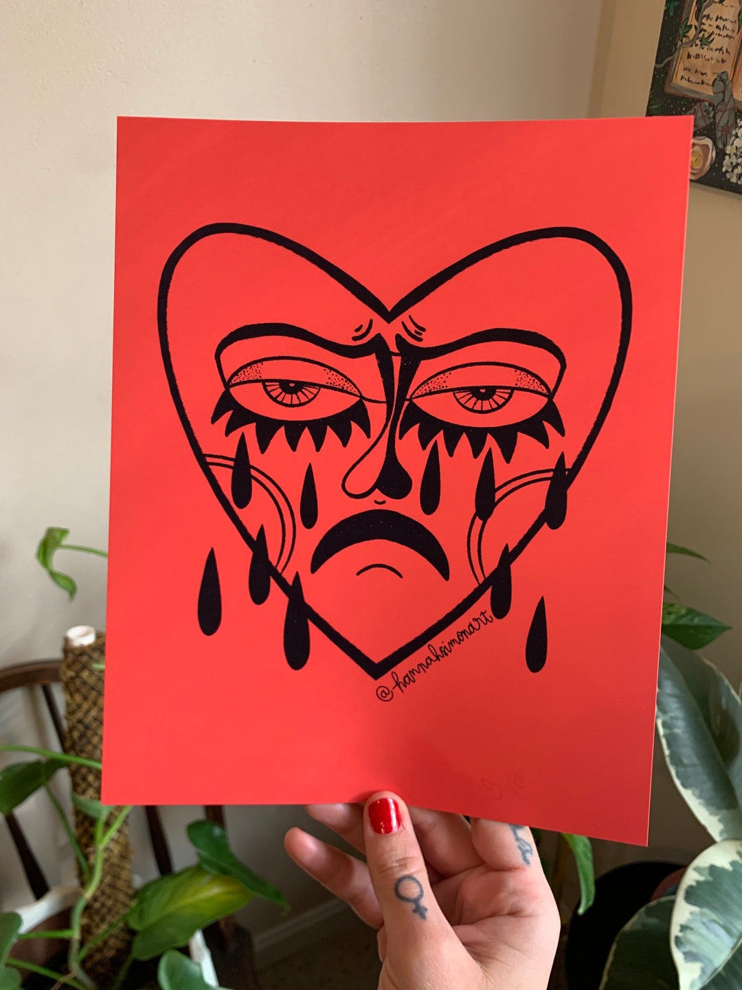 Crying Heart Art Print | Punk Art | Tattoo Art | Red Wall Art | Punk ...