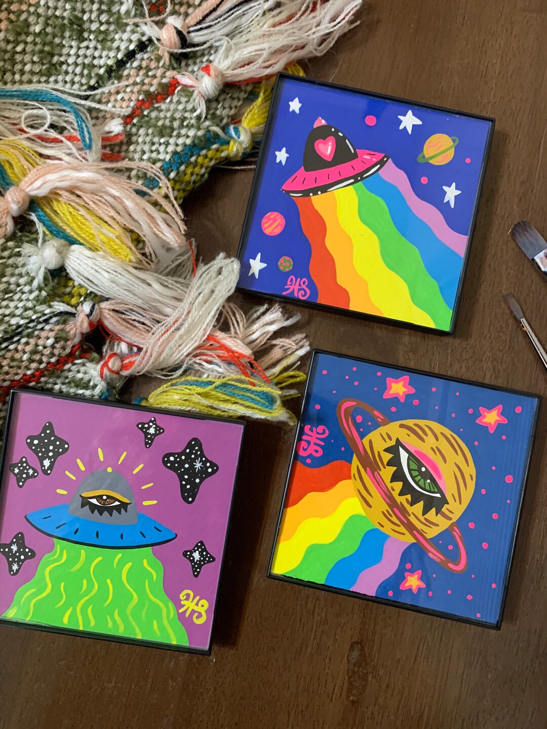 Mini Trippy Outer Space Paintings Mini Gouache Framed Paintings UFO ...