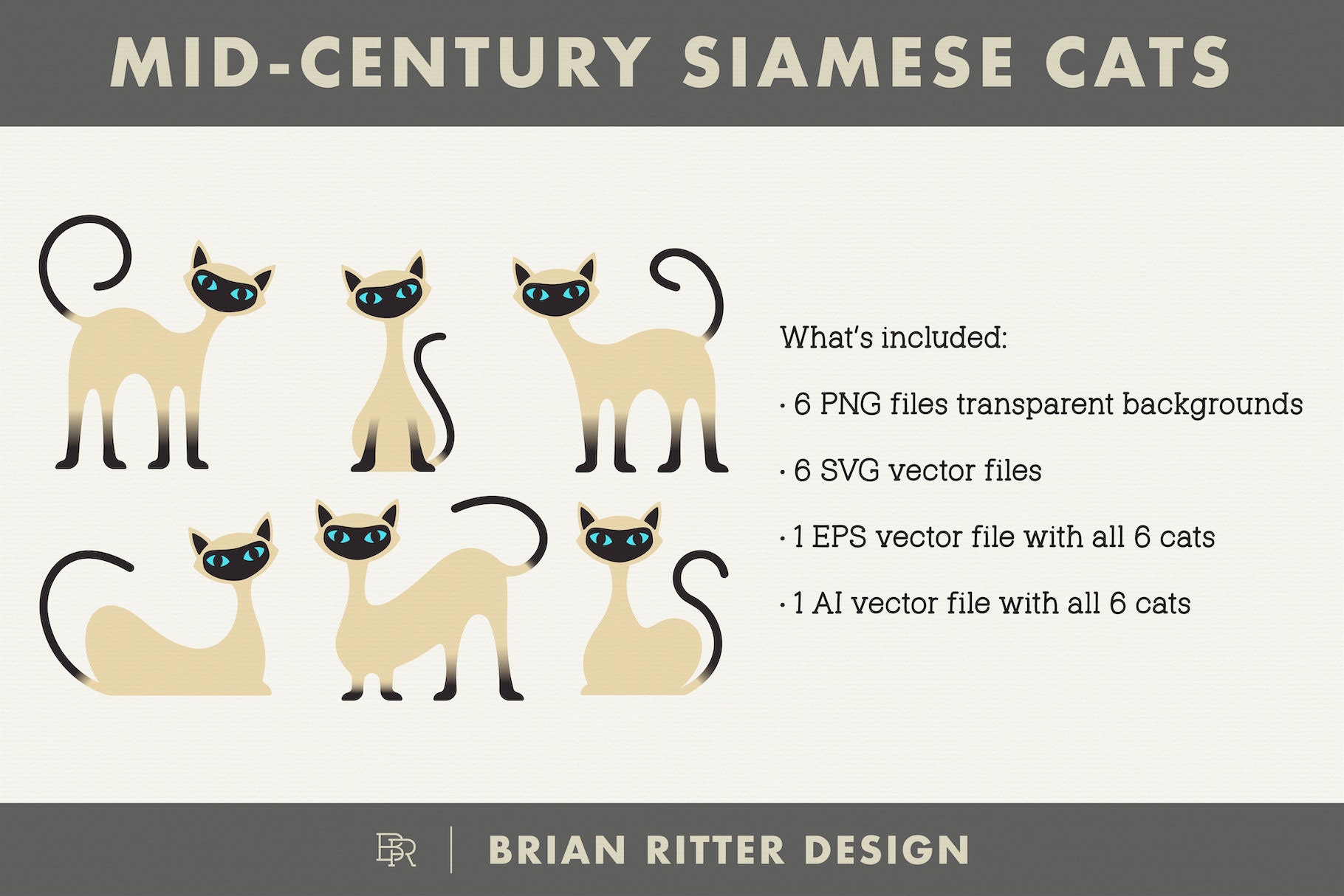 Mid-century Siamese Cats Graphic Objects Elements PNG - Etsy
