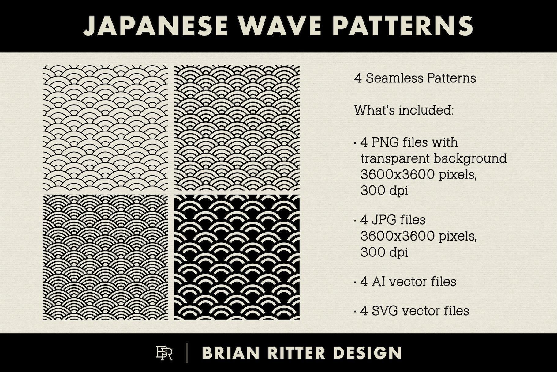 4 Japanese Wave Patterns | Seigaiha | Fish Scale | Seamless Background ...