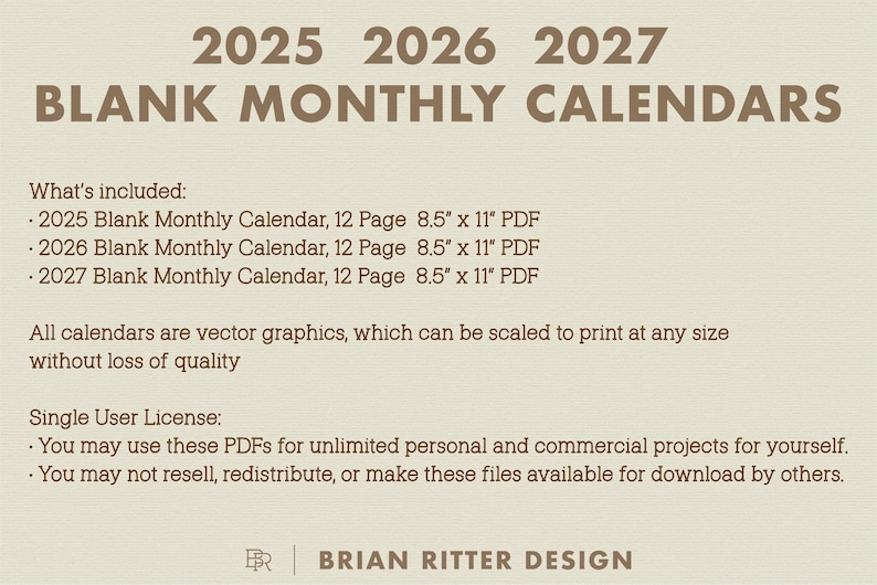 2025 2026 2027 Monthly Calendars | Scalable Blank Wall Calendar ...