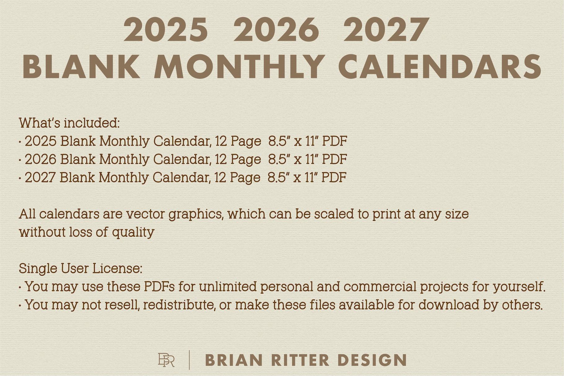 2025 2026 2027 Monthly Calendars | Scalable Blank Wall Calendar ...