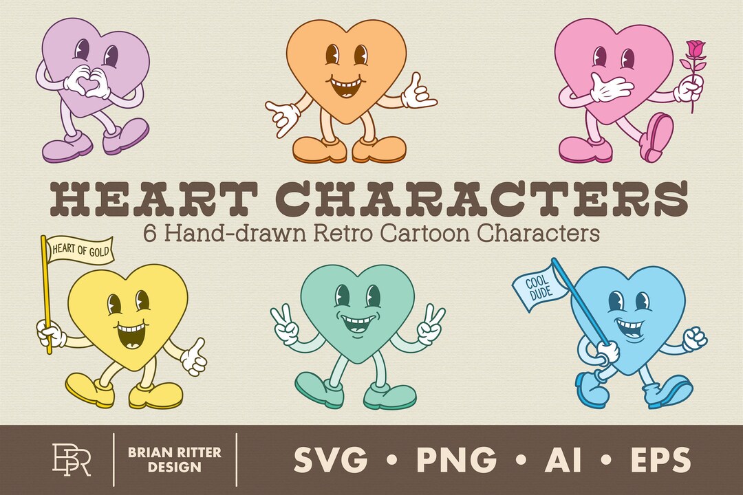 Valentine Heart Characters | Retro Cartoon Mascots | PNG | SVG | EPS ...