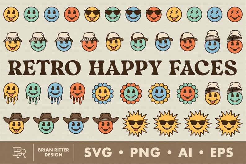 Retro Happy Faces | Digital Stickers | Printable Art | T-shirt Designs ...