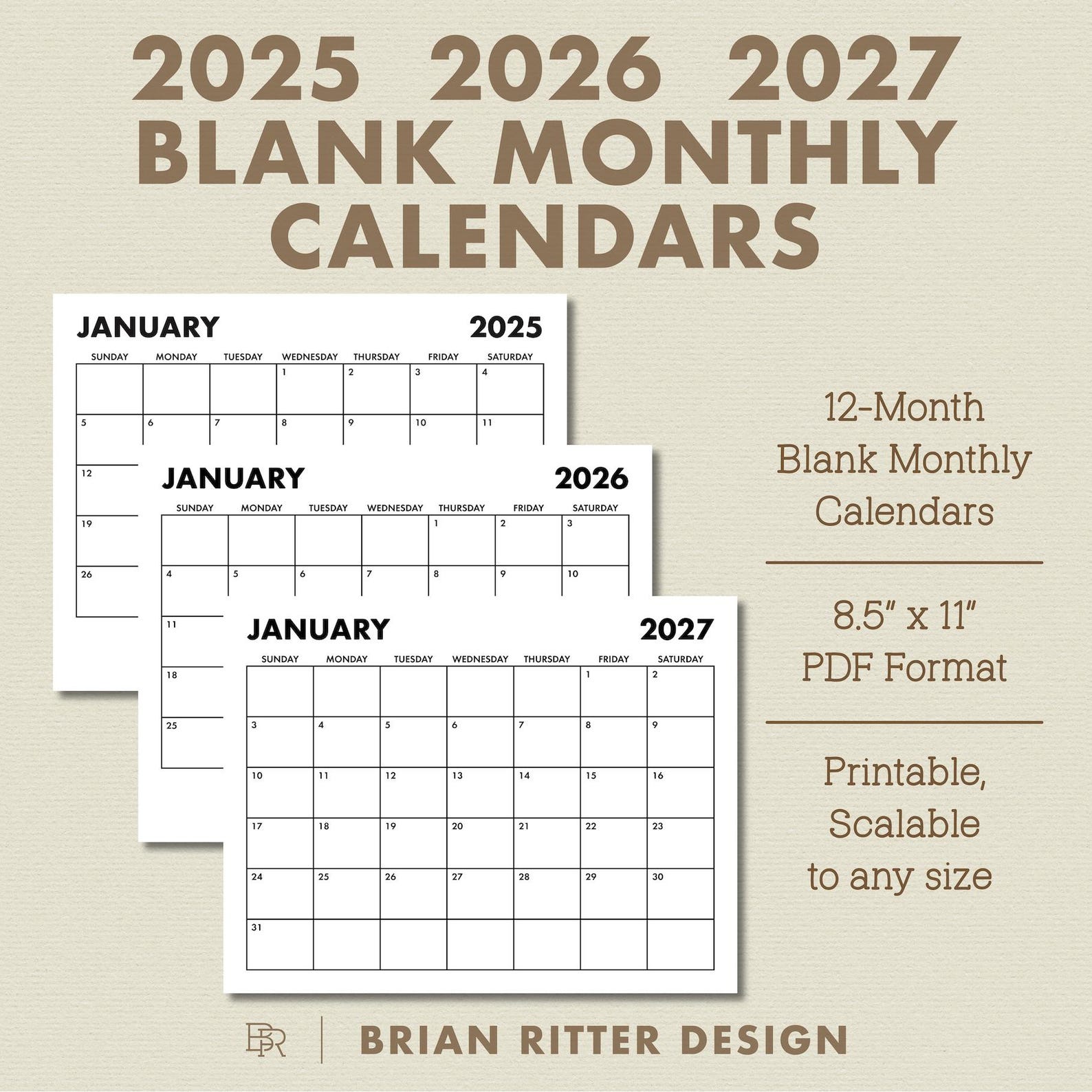 2025 2026 2027 Monthly Calendars | Scalable Blank Wall Calendar ...