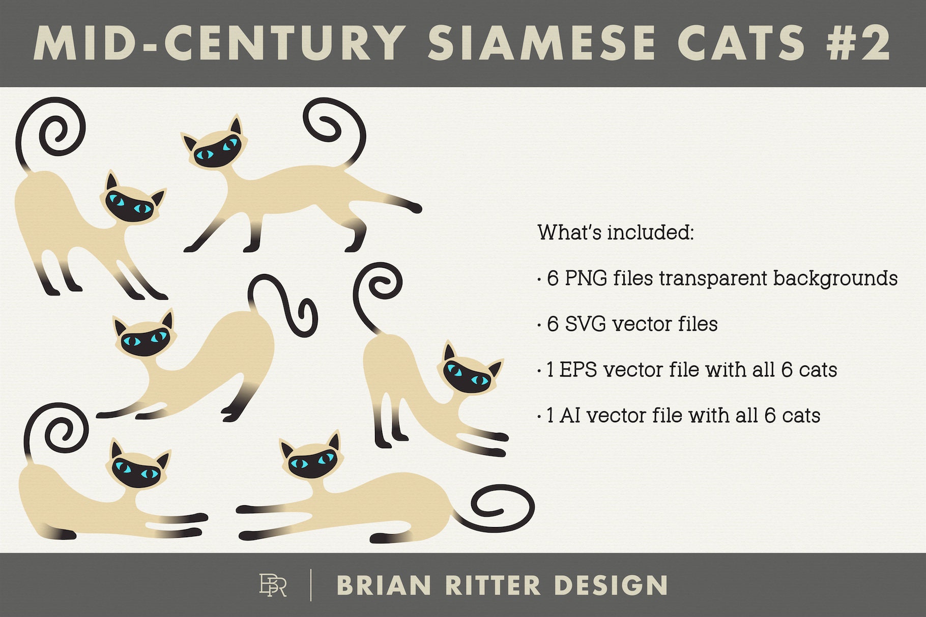 Mid-century Siamese Cats #2 | Graphic Objects | Elements | PNG | SVG | EPS | Digital Stickers ...