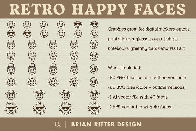 Retro Happy Faces | Digital Stickers | Printable Art | T-shirt Designs ...