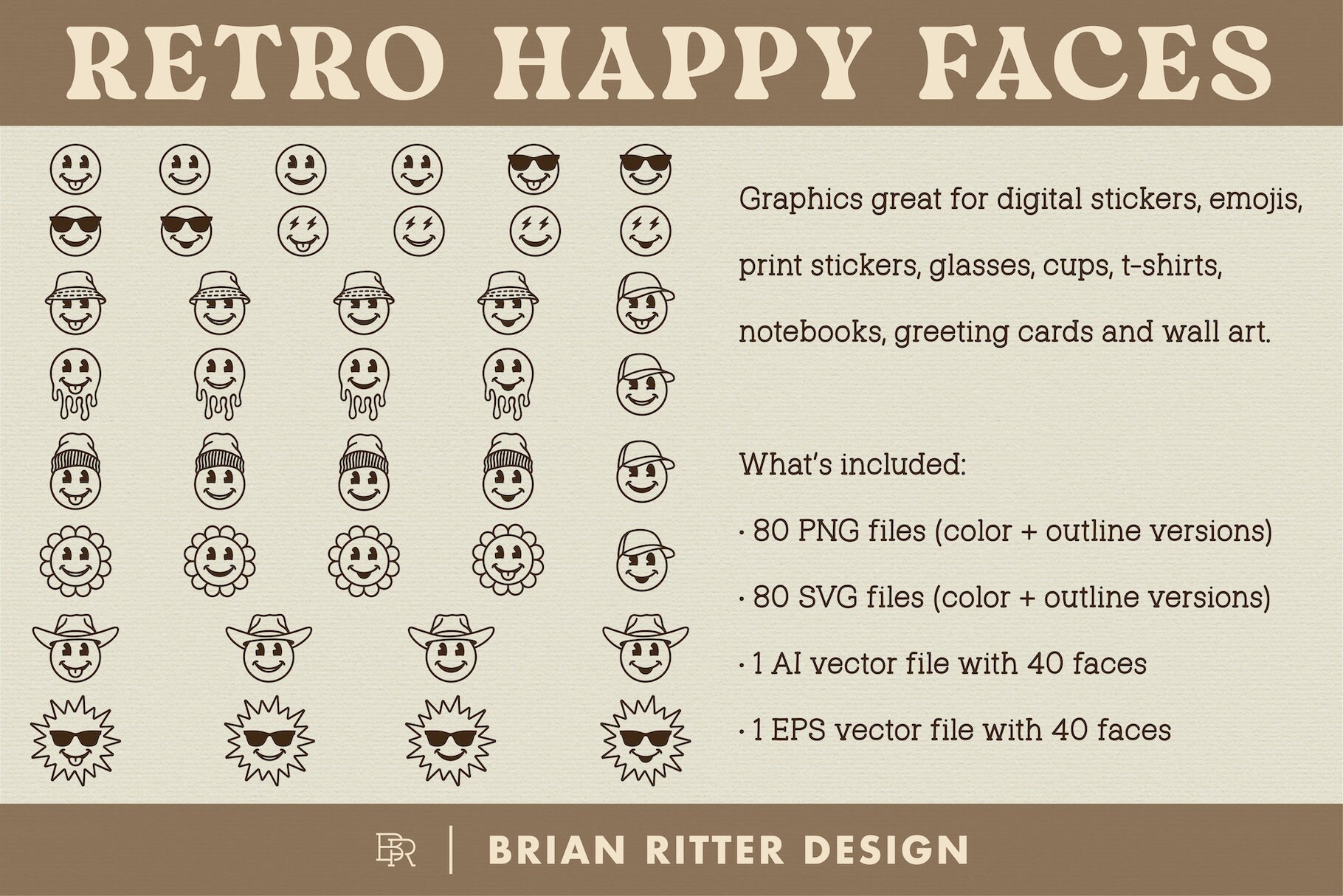 Retro Happy Faces | Digital Stickers | Printable Art | T-shirt Designs ...