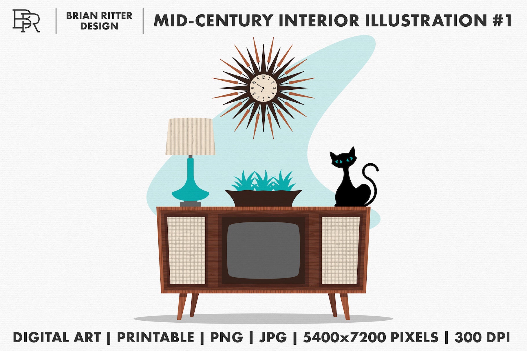 Mid-century Interior Illustration #1 | Retro | PNG | JPG | Digital Art ...
