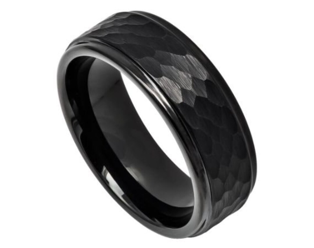 Mens Tungsten Ring Hammered Wedding Band 8mm Engagement Band Black ...