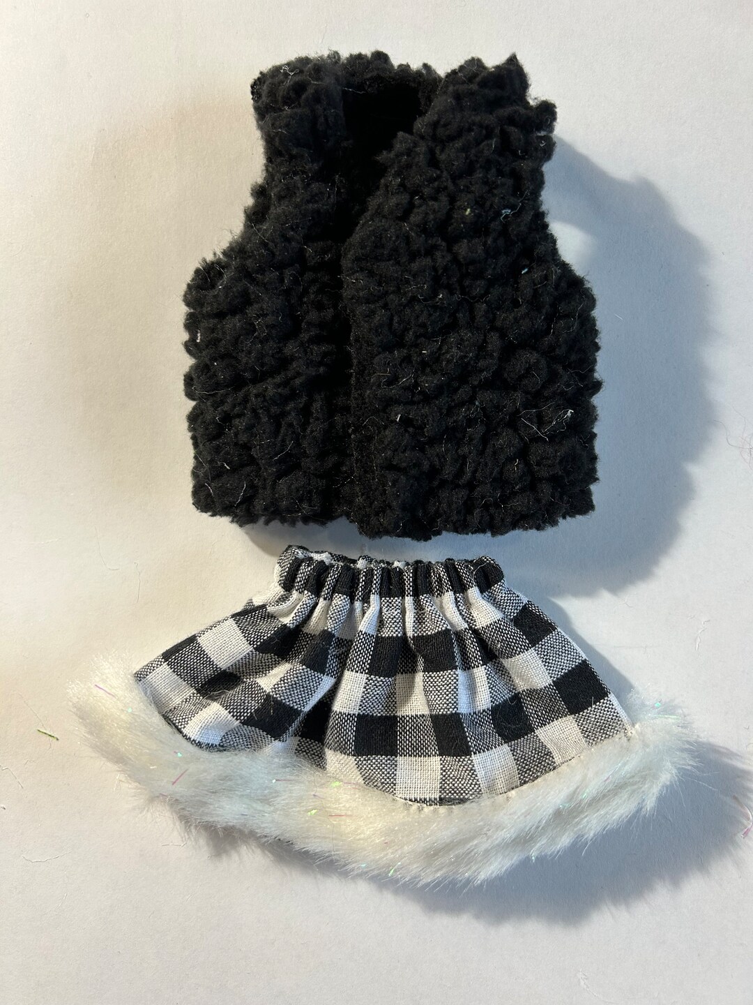 Black Fluffy Sherpa Elf Vest With Black & White Buffalo Plaid Skirt for ...