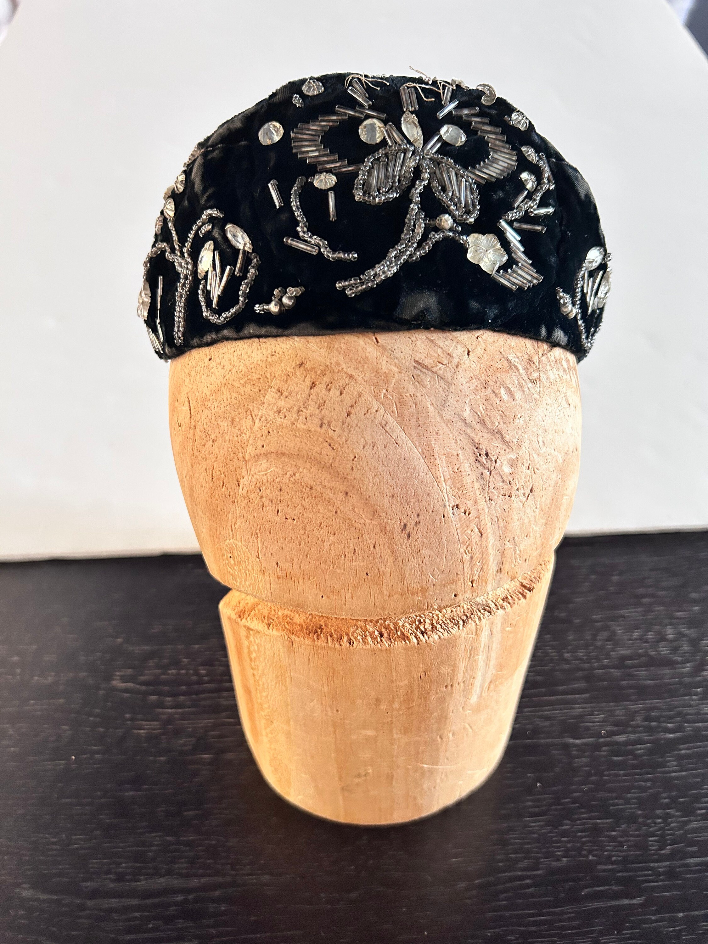 One of a Kind 1900s Beaded Floral & Leaf Black Velvet Cap - Etsy