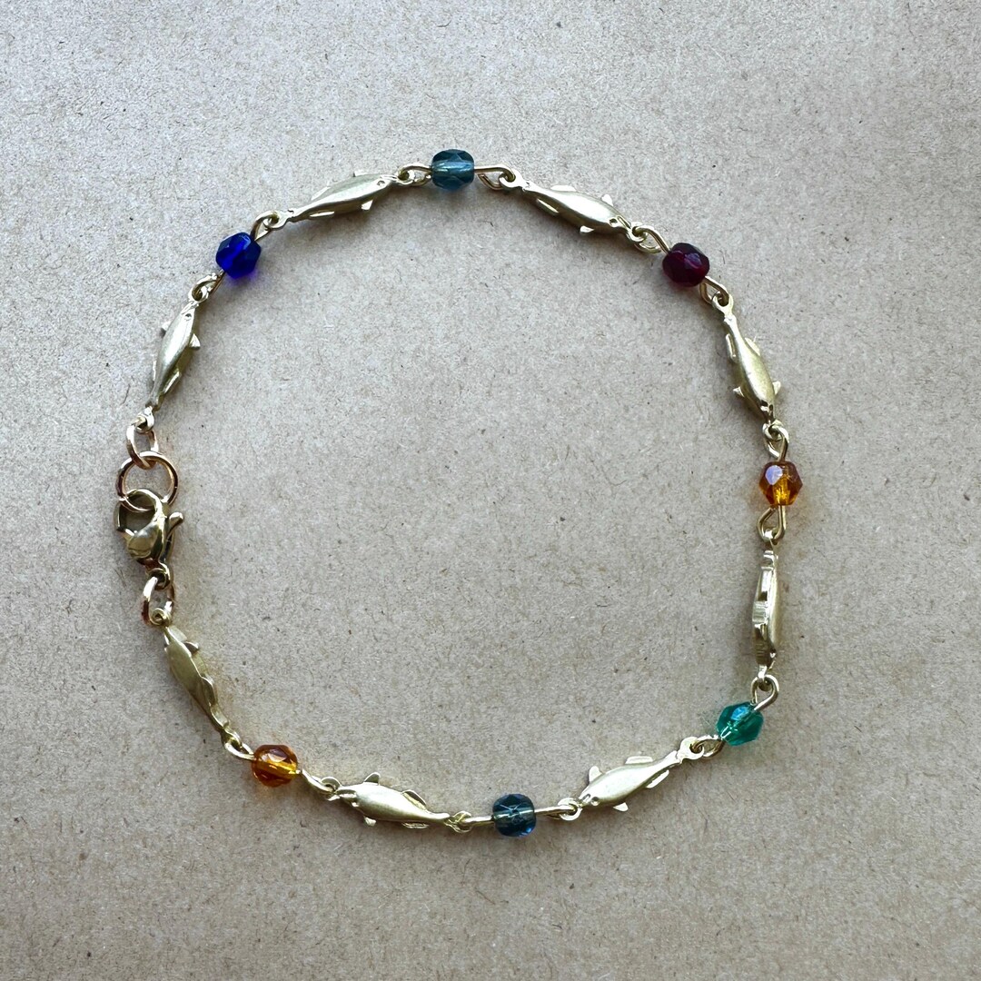 Sardine Charm Bracelet Brass Fish Chain Link Bracelet With Czech Glass ...