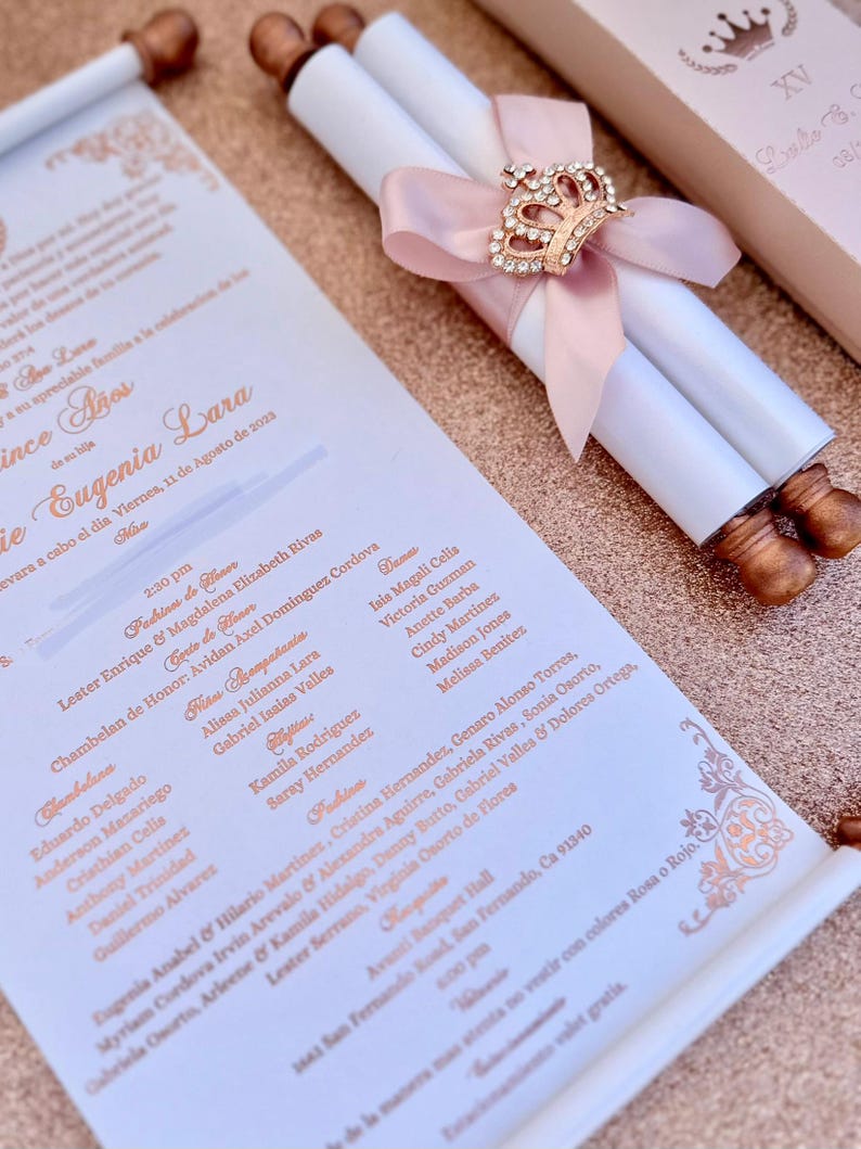 Elegant Princess Scroll Invitation, Rose Gold & Blush, Invitacion De Princesa , Luxury Scroll ...