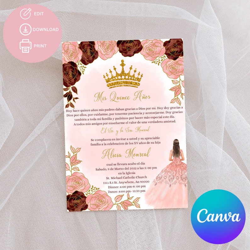 Invitación de Quinceañera editable/Rosa y Borgoña con Invitación de ...