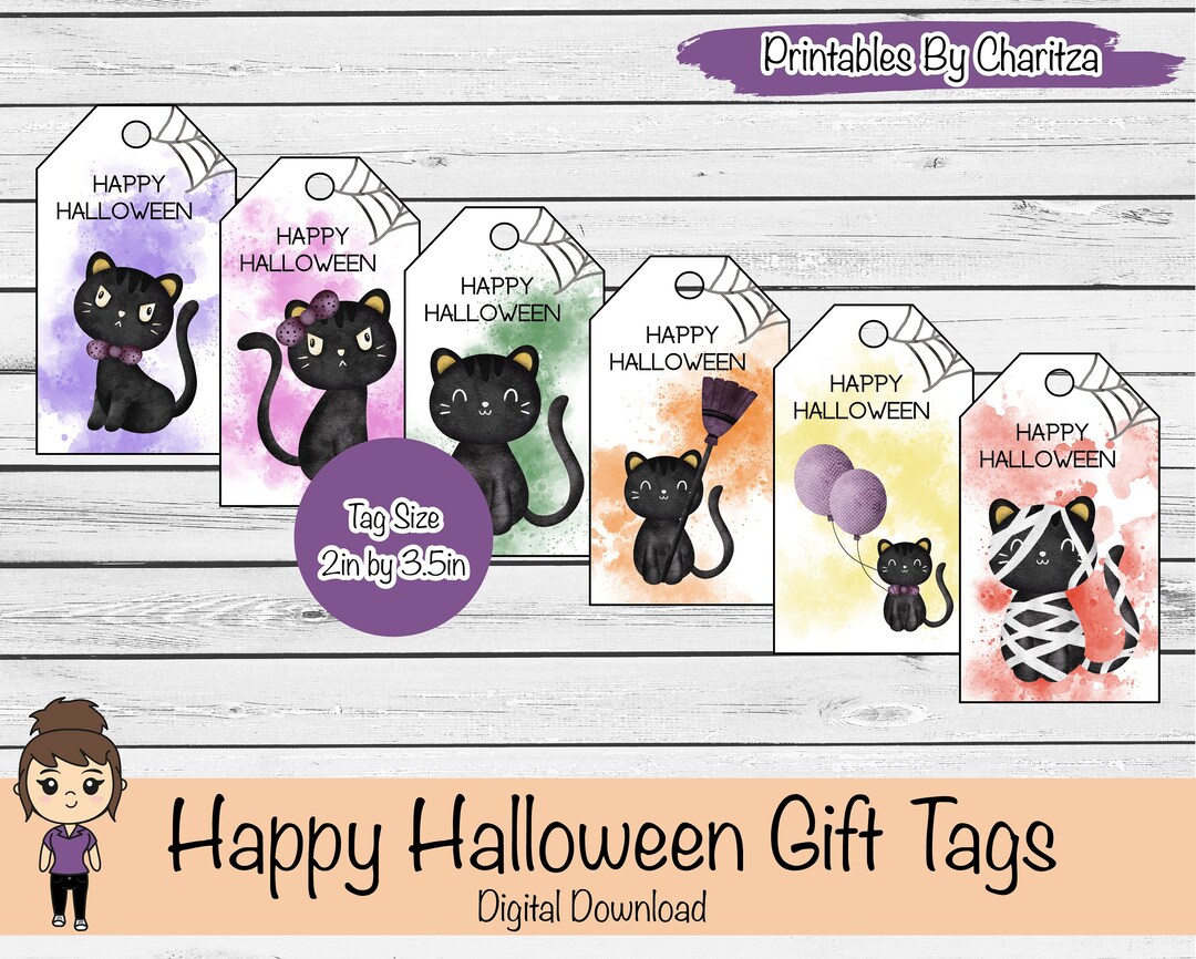 Happy Halloween Gift Tags, Cat Halloween Party Favors Labels, Kids ...