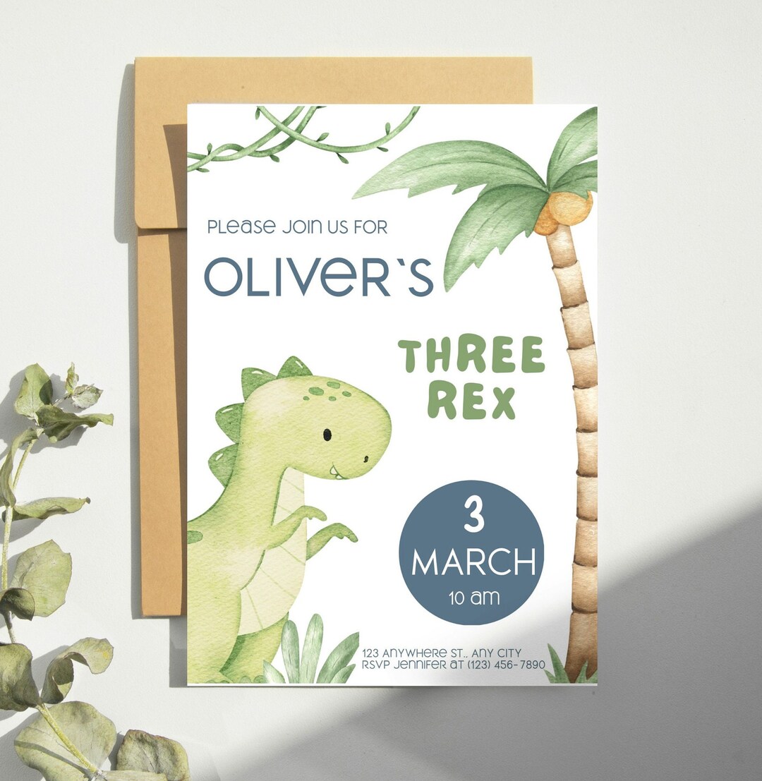 Three Rex Birthday Invite | Dinosaur Themed Third Birthday Invitation ...