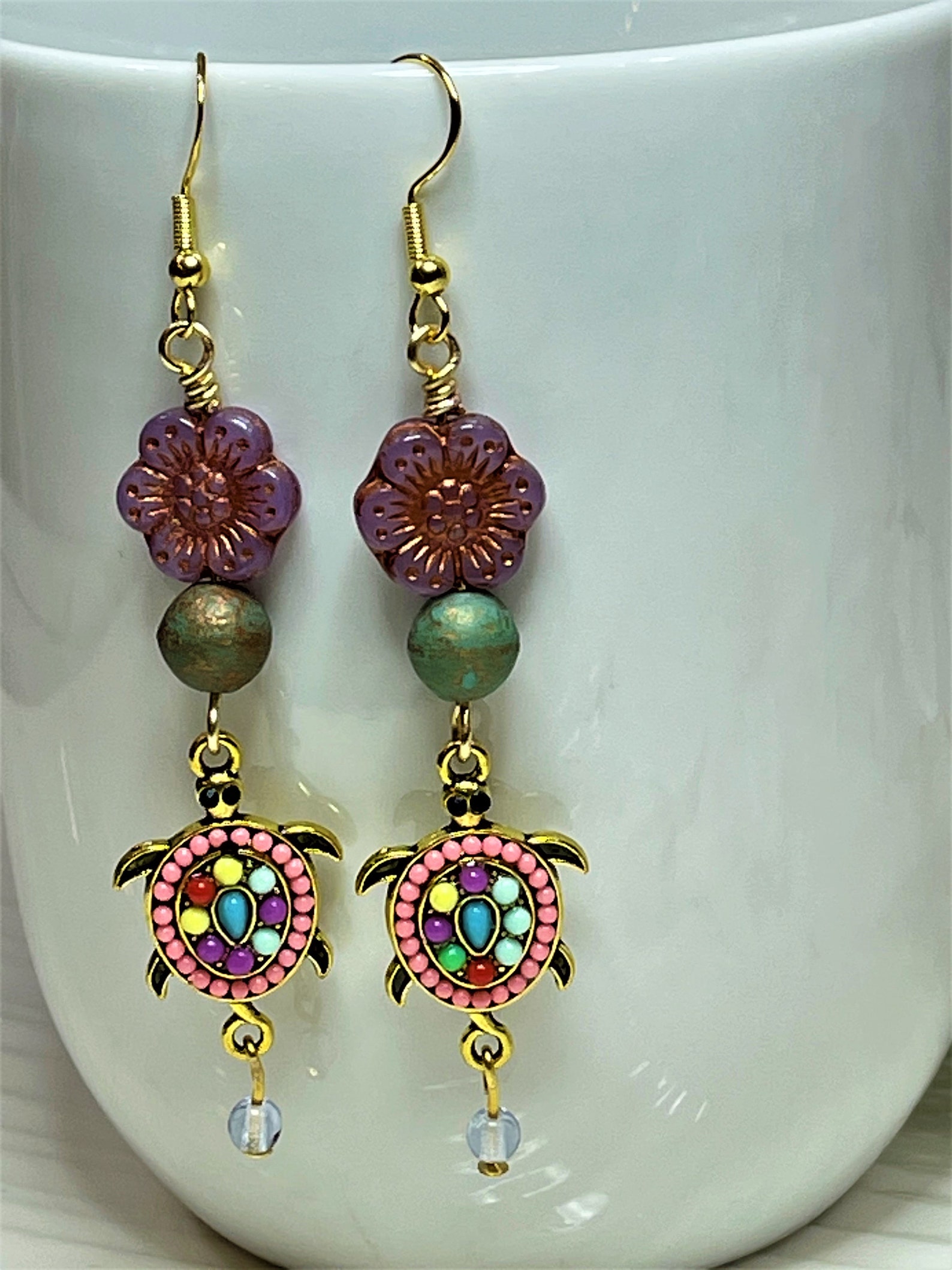 Bohemian Style Tortoise Earrings With Lavender Opal Czech Glass Flower ...