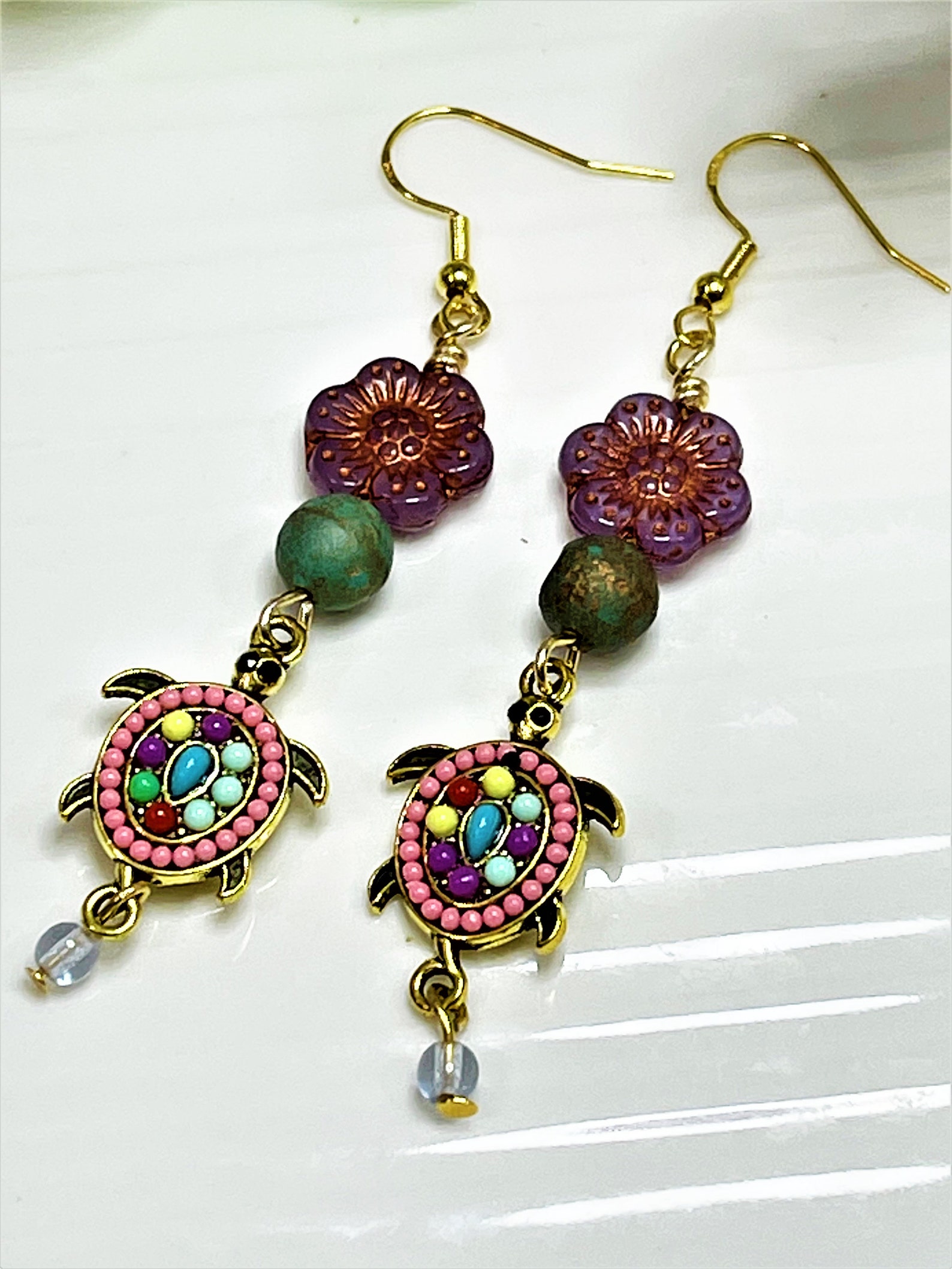 Bohemian Style Tortoise Earrings With Lavender Opal Czech Glass Flower ...