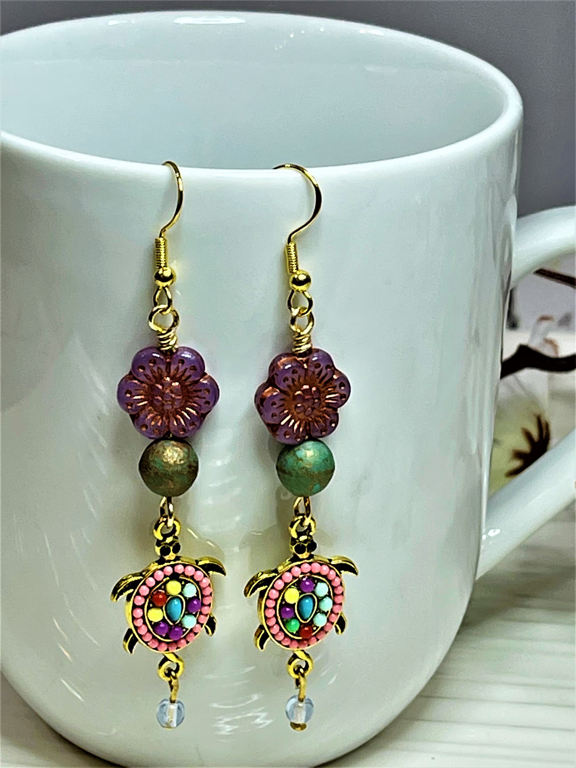 Bohemian Style Tortoise Earrings With Lavender Opal Czech Glass Flower ...