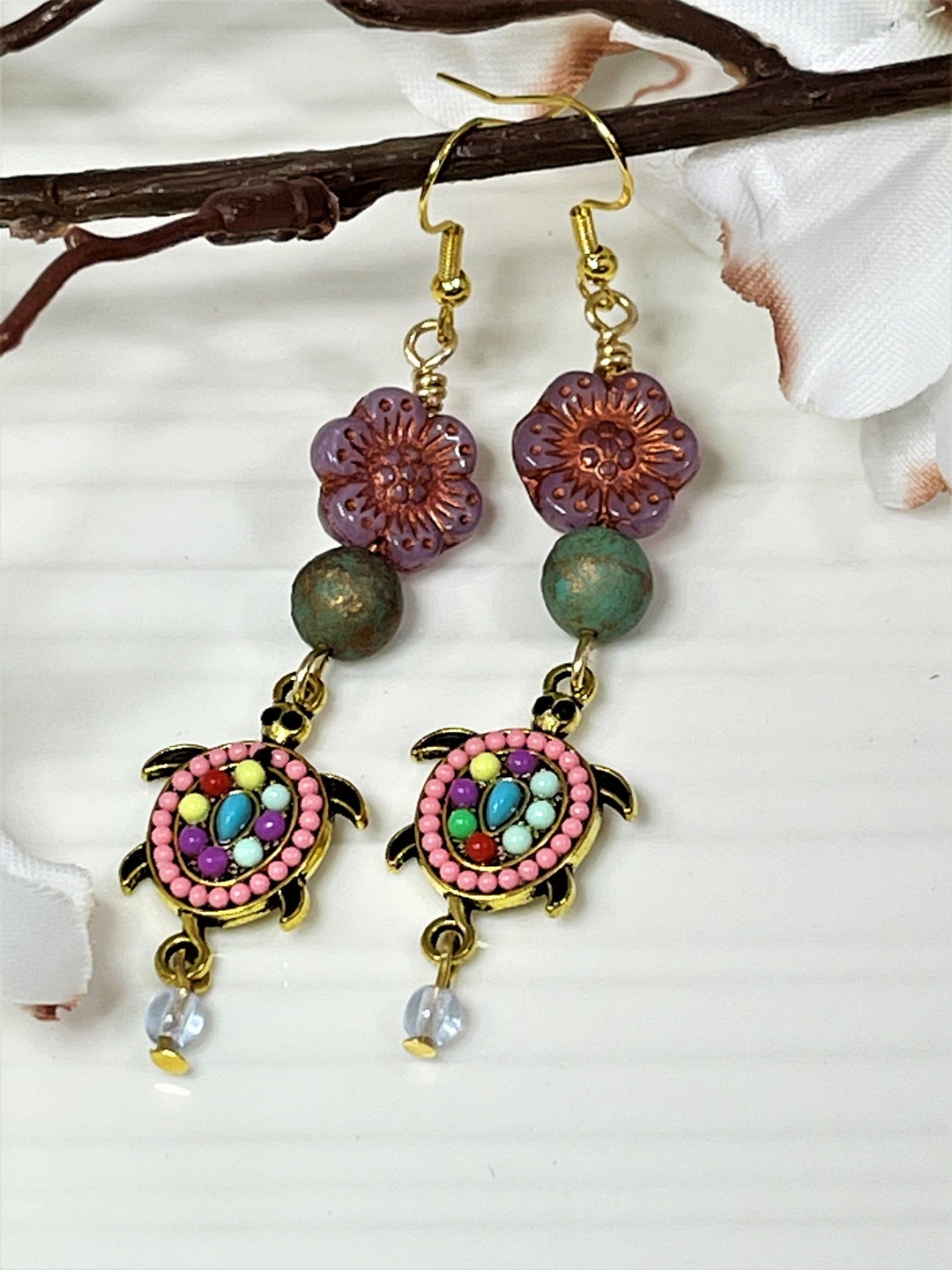 Bohemian Style Tortoise Earrings With Lavender Opal Czech Glass Flower ...